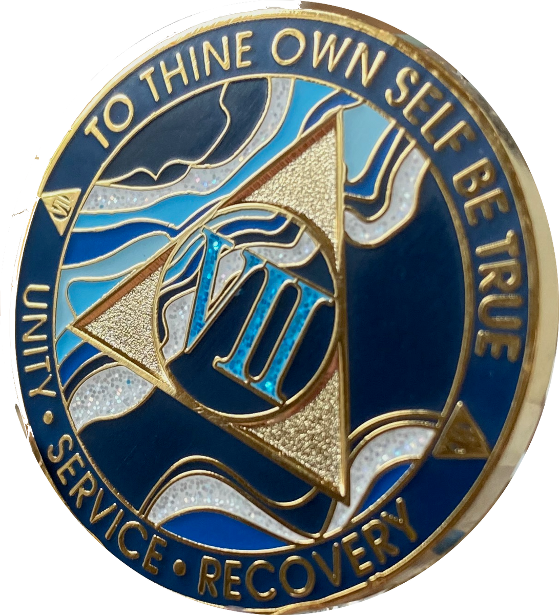 7 Year AA Medallion Elegant Navy Blue Marble Gold Sobriety Chip ...